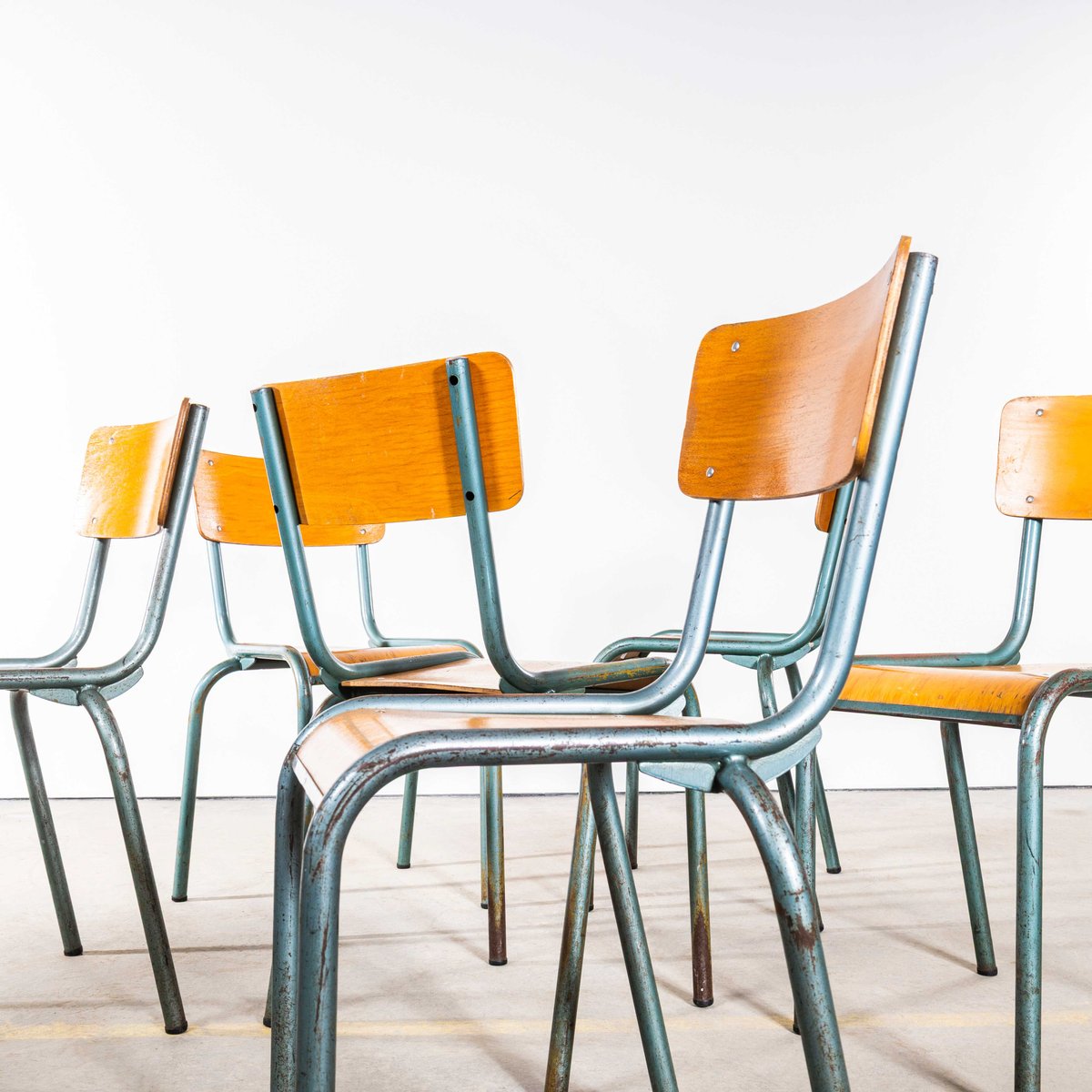 French Model 510 Aqua Stacking Dining Chairs from Mullca, 1950s, Set of ...