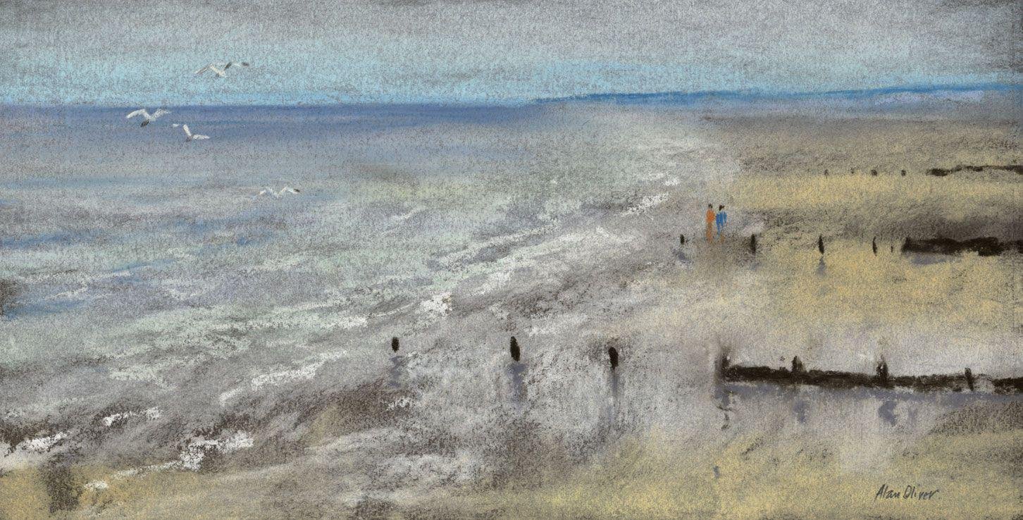Alan Oliver, Beach Scene, Pastel Drawing, 1980s for sale at Pamono