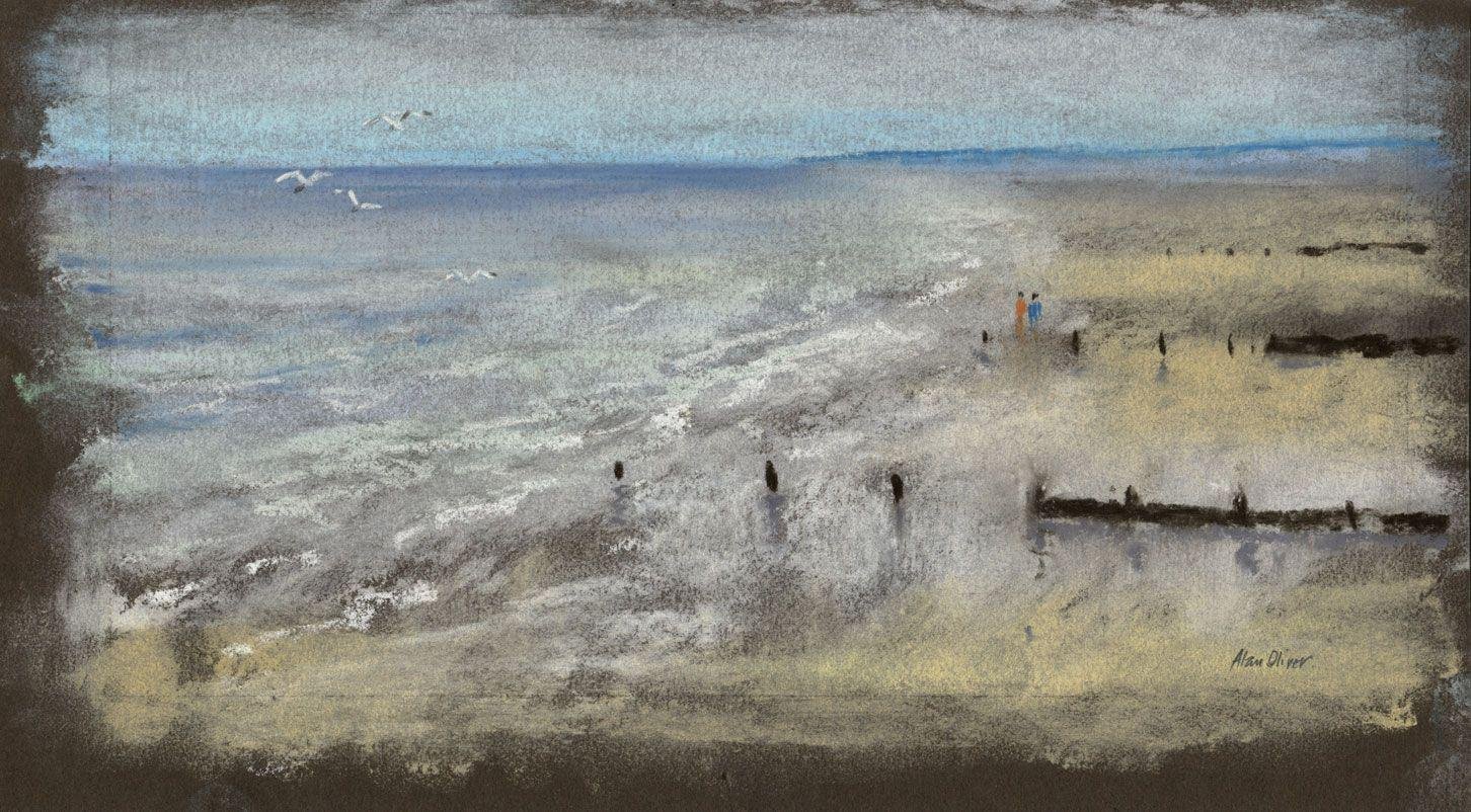 Alan Oliver, Beach Scene, Pastel Drawing, 1980s for sale at Pamono