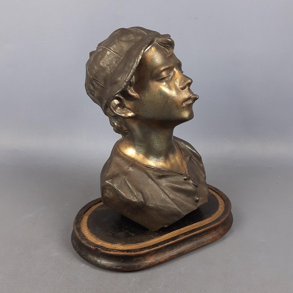 Neapolitan Burnished Antimony Scugnizzo Sculpture Bust with Wooden Base ...