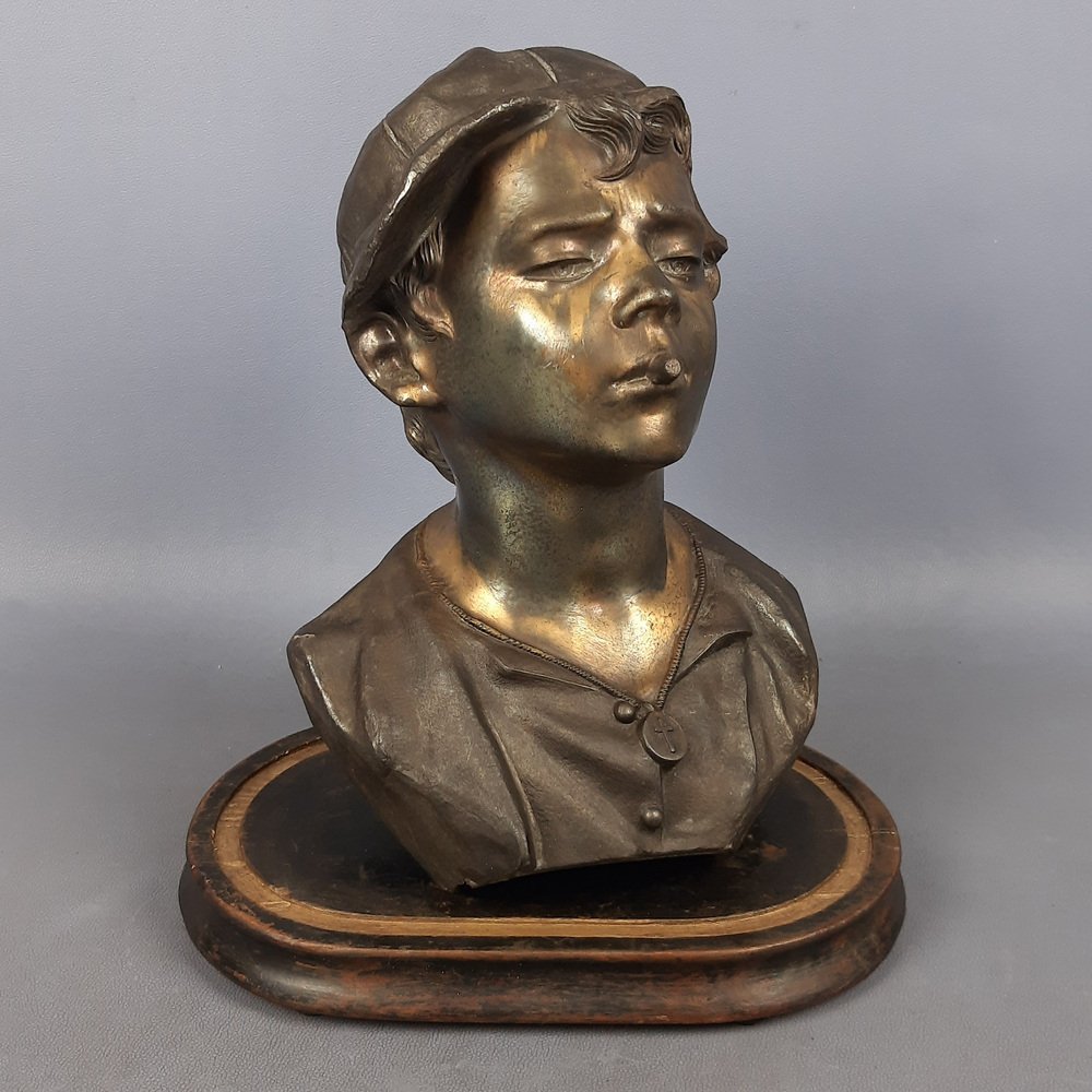 Neapolitan Burnished Antimony Scugnizzo Sculpture Bust with Wooden Base ...