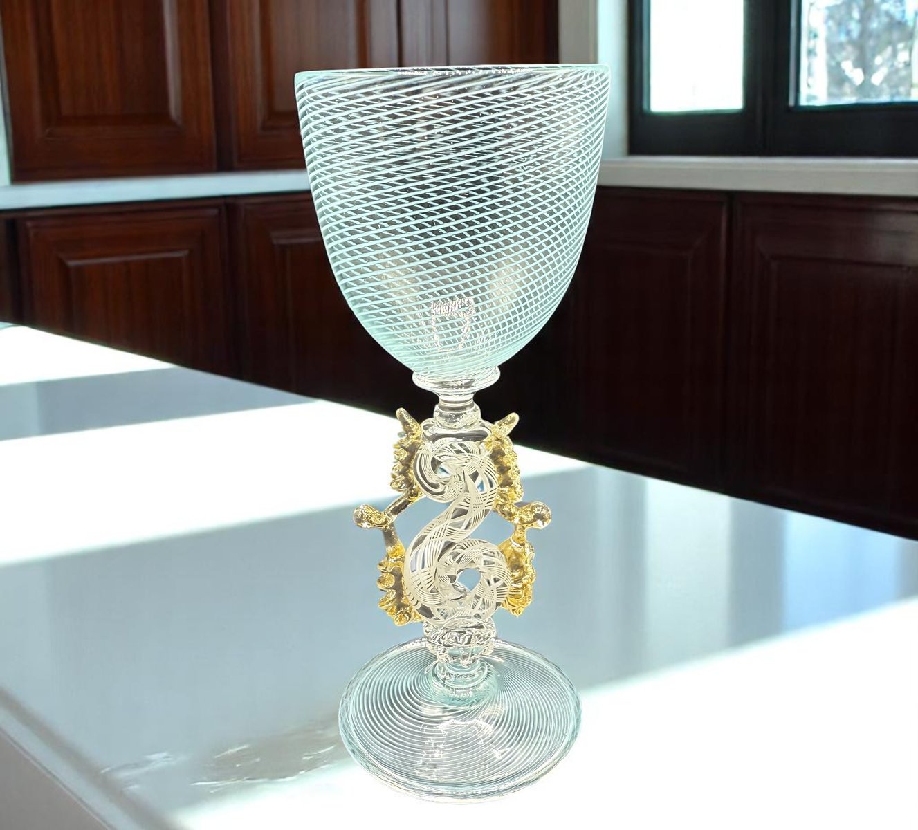 Hand Blown Murano Glass Goblet with Reticello Decoration and Gold ...