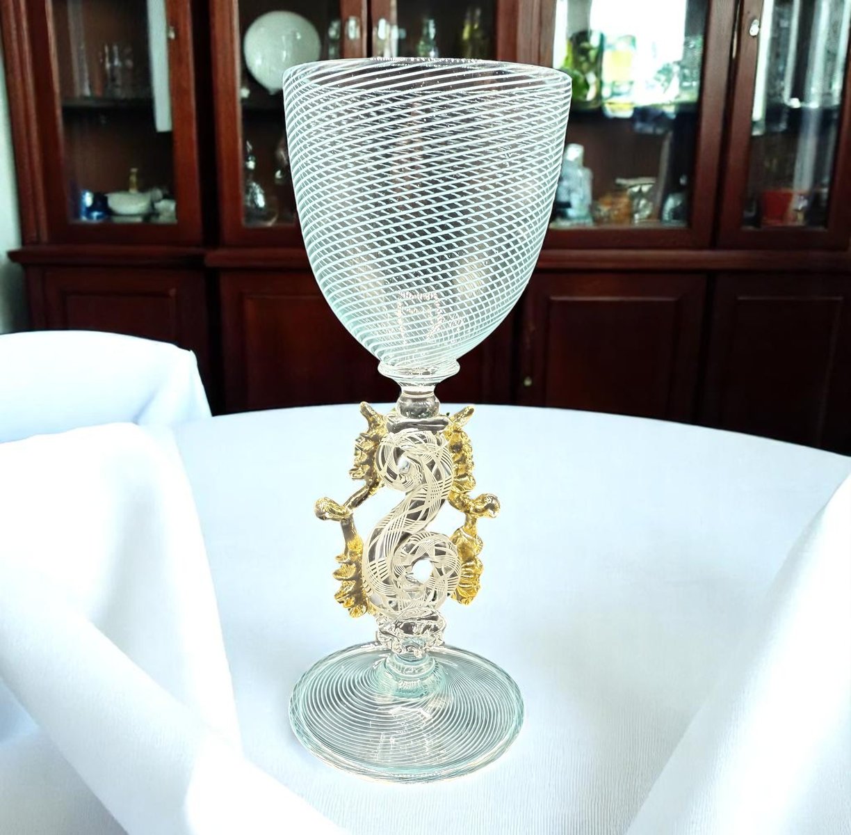 Hand Blown Murano Glass Goblet with Reticello Decoration and Gold ...
