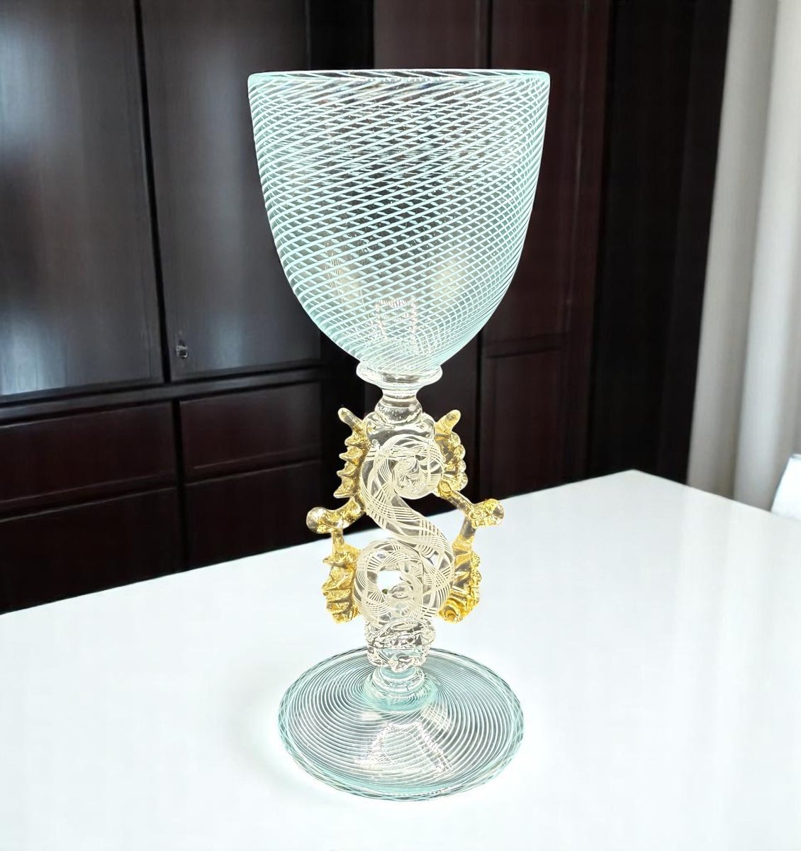 Hand Blown Murano Glass Goblet with Reticello Decoration and Gold ...