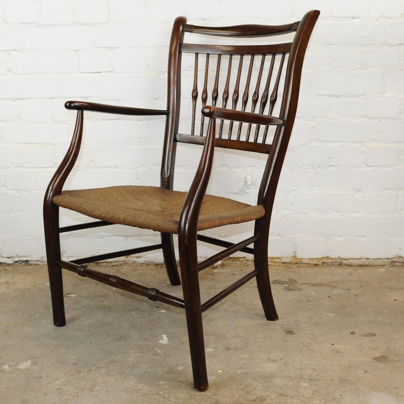 Antique Spindle Back Chair with Rush Seat, 19th Century for sale at Pamono