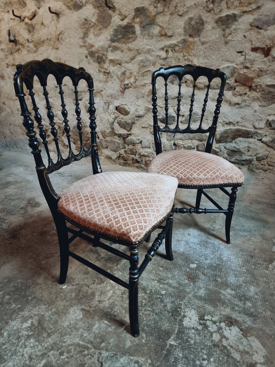 Set of Antique Napoleon III Chairs in Ebonized Wood with Upholstered ...
