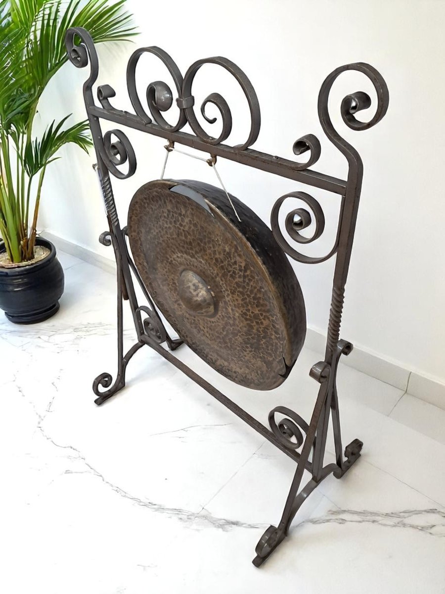 Large Victorian Brass Gong with Mallet Oak Stand, 1890s for sale at Pamono