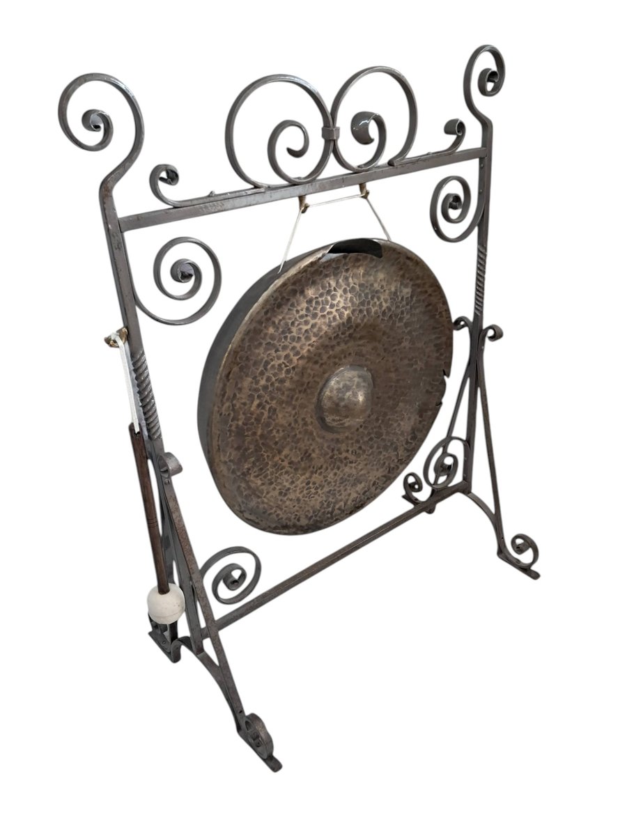 Large Victorian Brass Gong with Mallet Oak Stand, 1890s for sale at Pamono