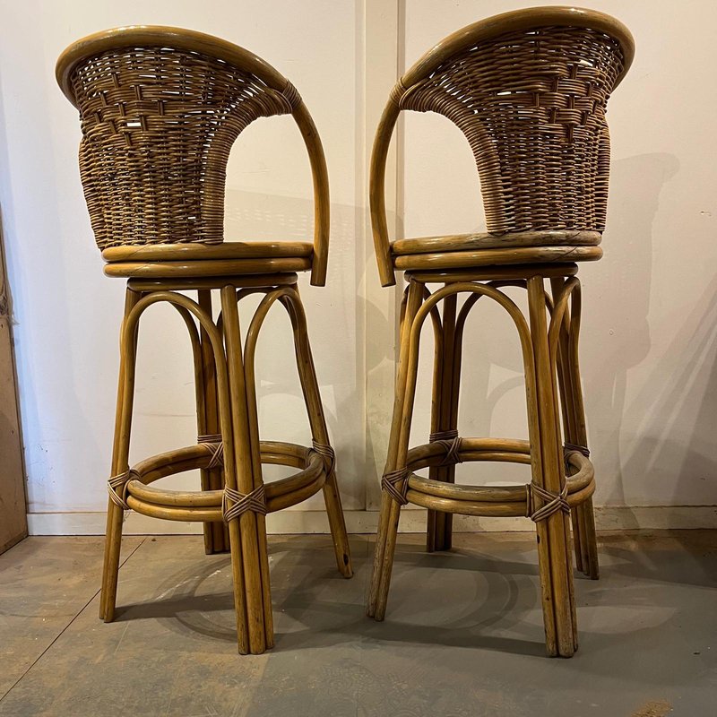 Bamboo and Wicker Revolving Bar Stools, Set of 2 for sale at Pamono