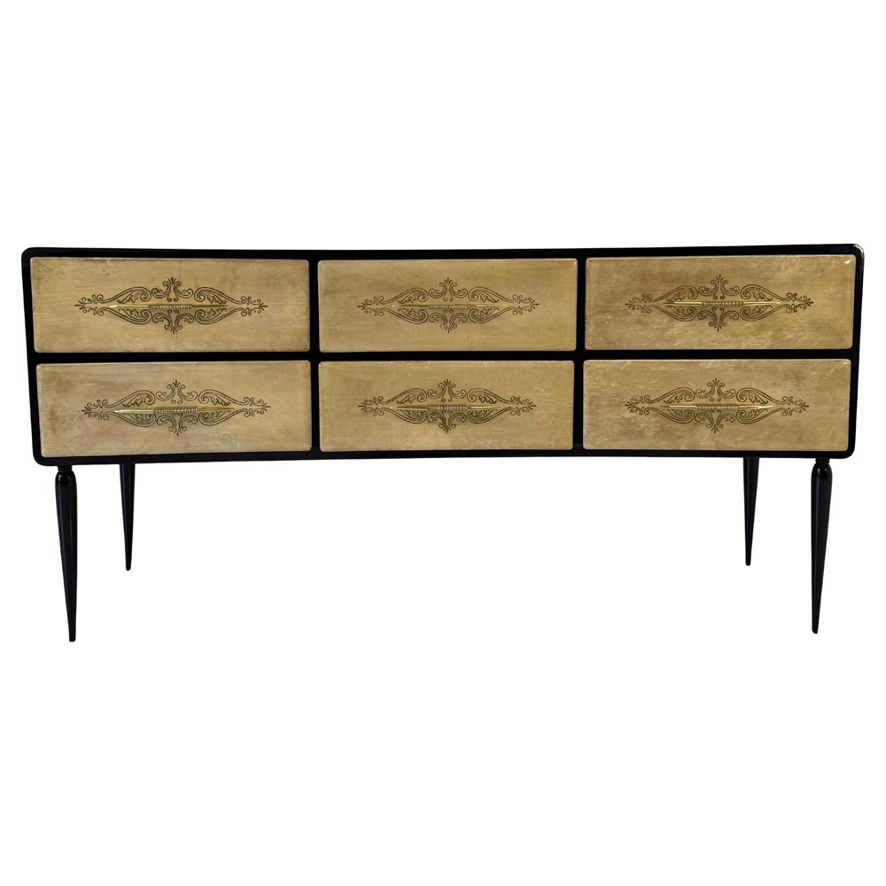 Vintage Art Deco Kommode aus schwarzem Lack & graviertem Pergament von ...