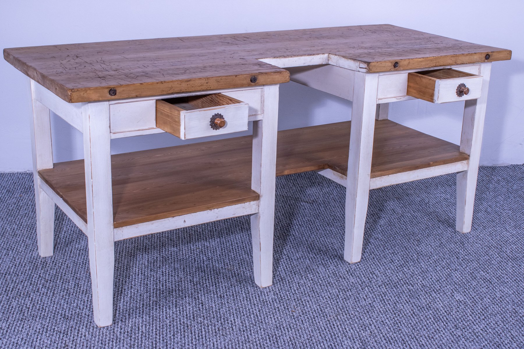 Pine Butcher Table with Shelf Rustic Top & White Waxed Base, 1900s for ...