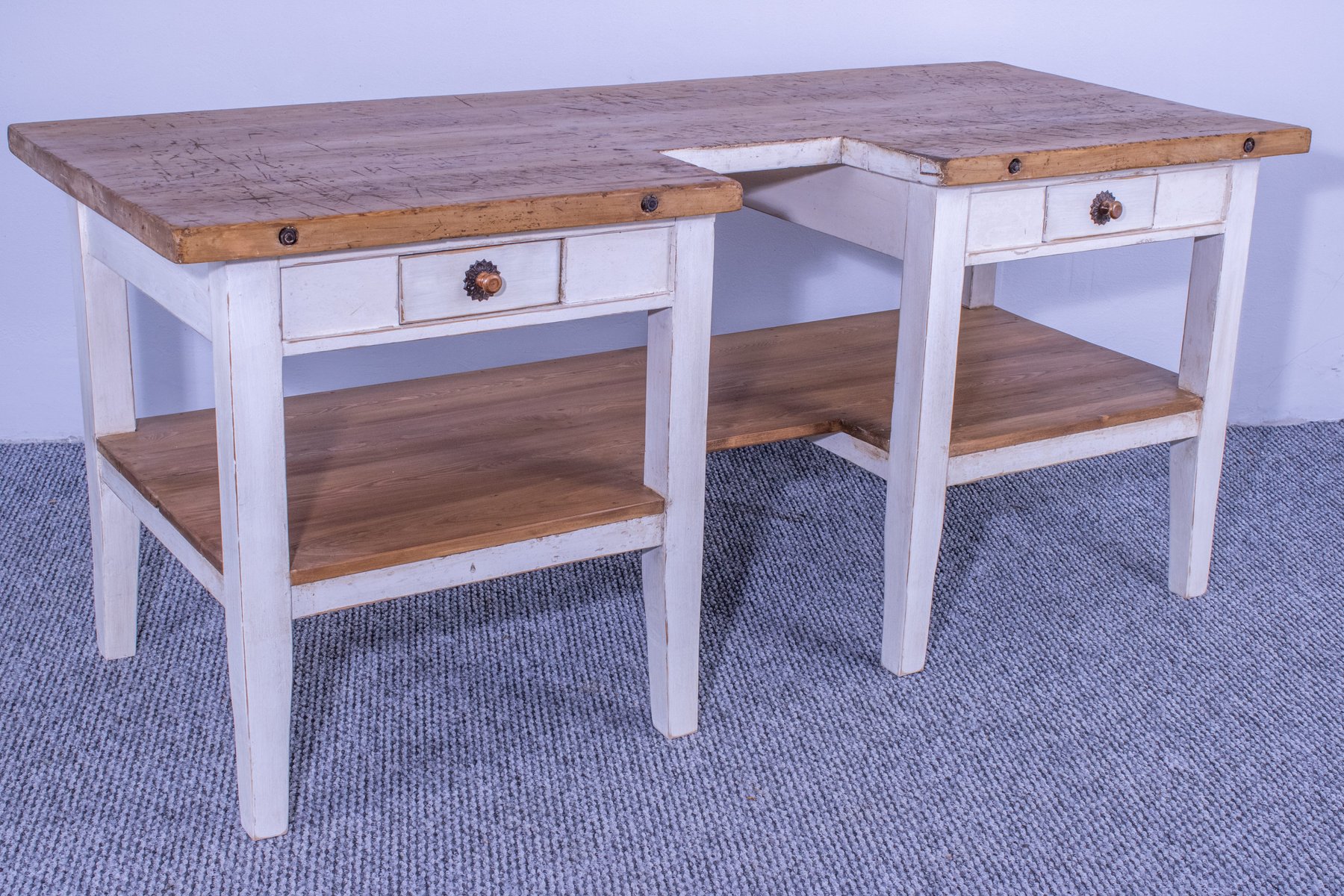 Pine Butcher Table with Shelf Rustic Top & White Waxed Base, 1900s for ...