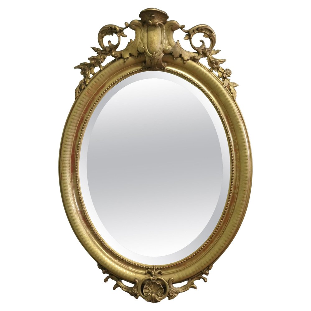 Large French Rococo Oval Gilt Wall Mirror for sale at Pamono