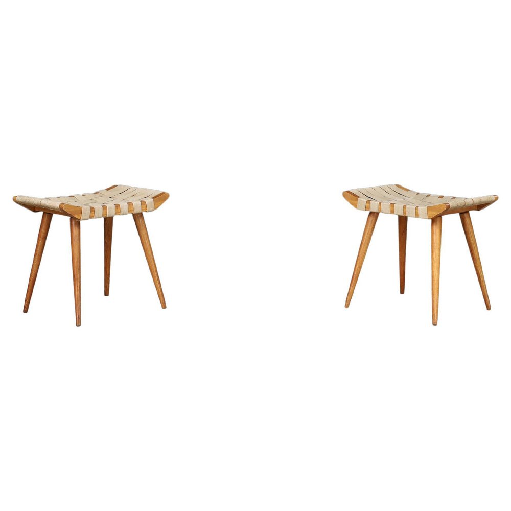 Mid-Century French Ash Stools with Original Canvas Webbing, 1950s, Set ...