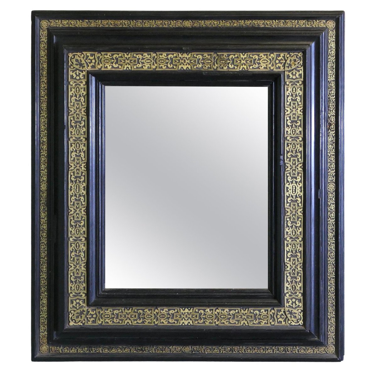 French Empire Gilt Brass and Black Lacquer Wall Mirror for sale at Pamono