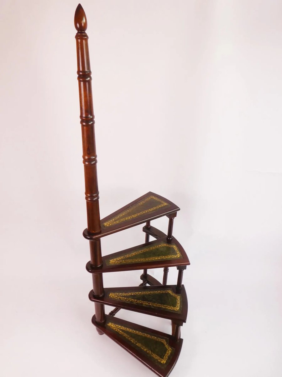 Large English Wooden Library Stairs with Green Leather Steps, 1950s for ...