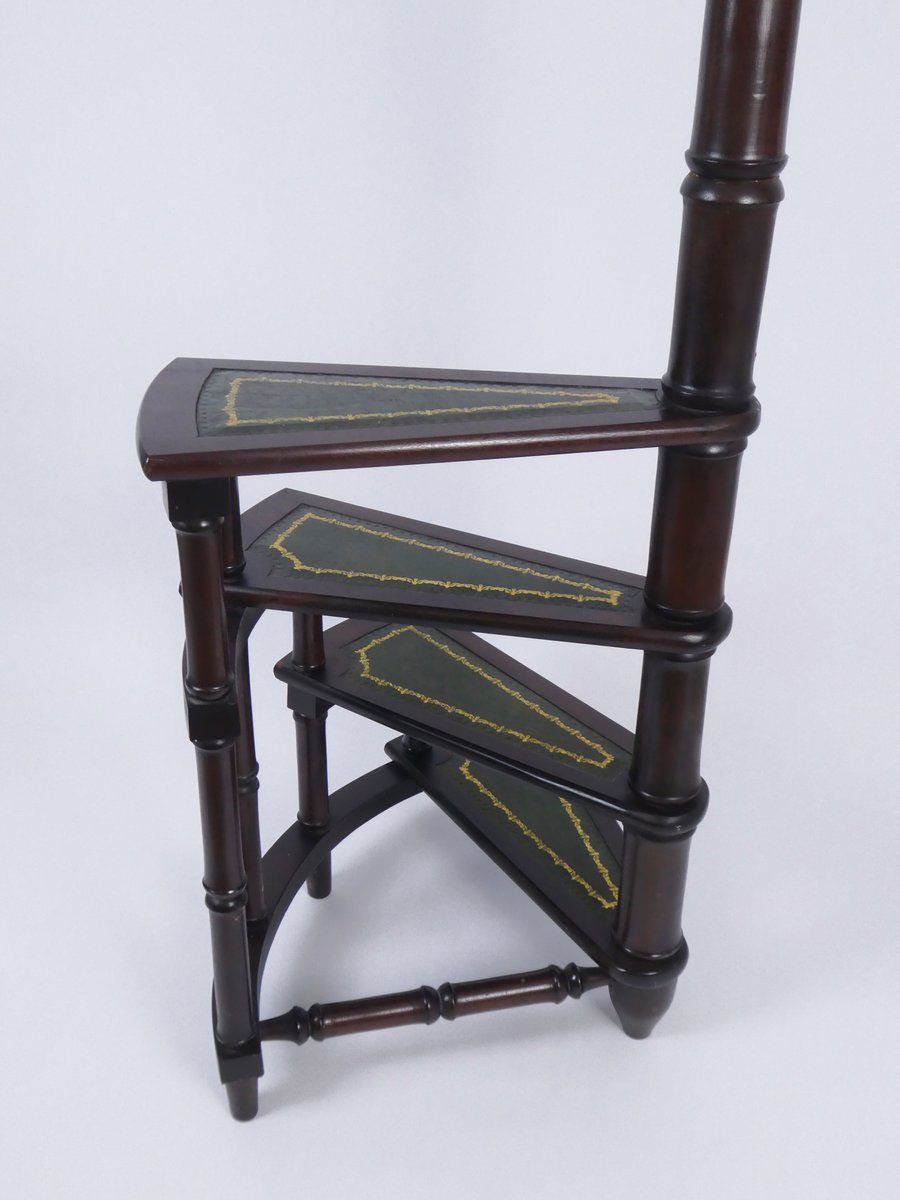 Large Victorian Wooden Library Stairs with Green Leather Inserts, 1950s ...