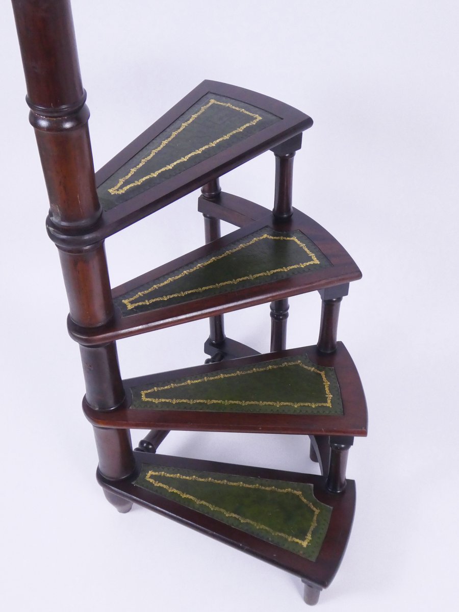Large Victorian Wooden Library Stairs with Green Leather Inserts, 1950s ...