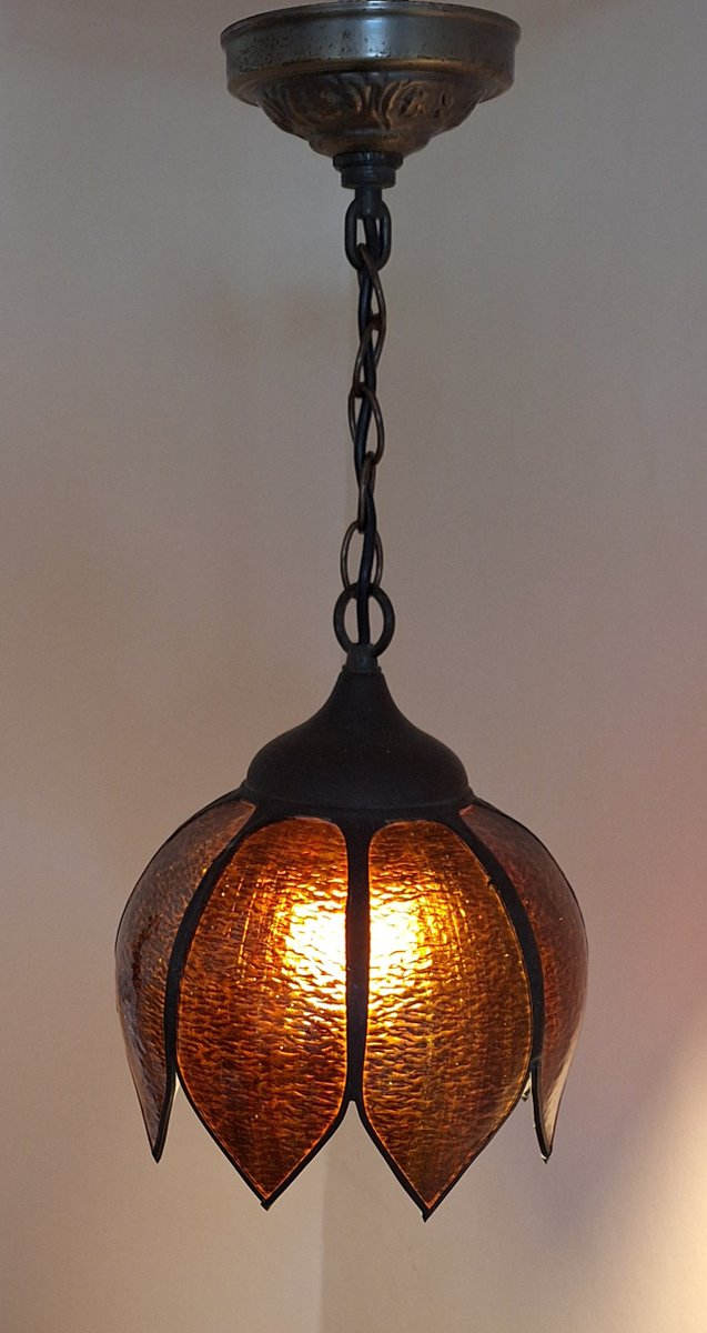 Vintage Rustic Ceiling Lamp with Patinated Metal and Amber-Colored ...