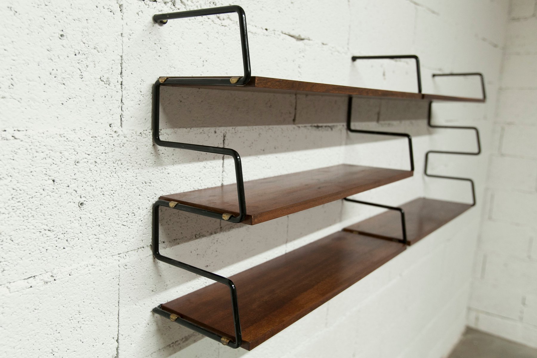 Vintage Zigzag String Shelf with 3 black ladders and 5 teak trays, 1970 ...