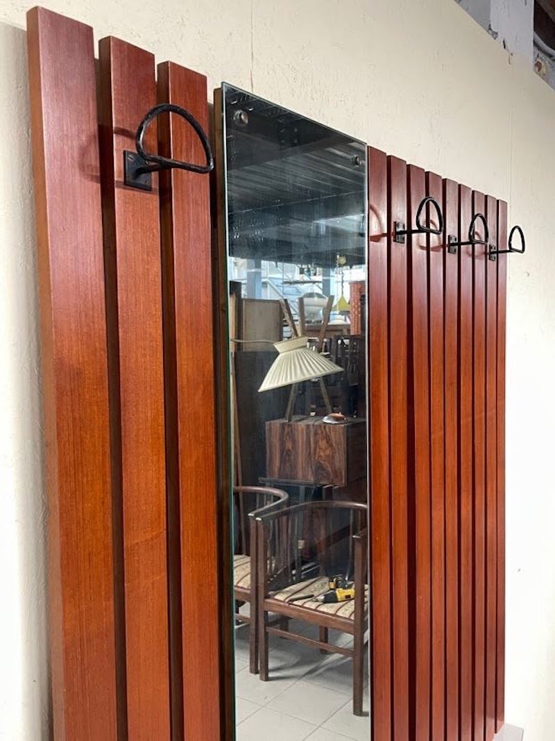 Teak Coat Stand with Mirror and Shelf, 1960s for sale at Pamono
