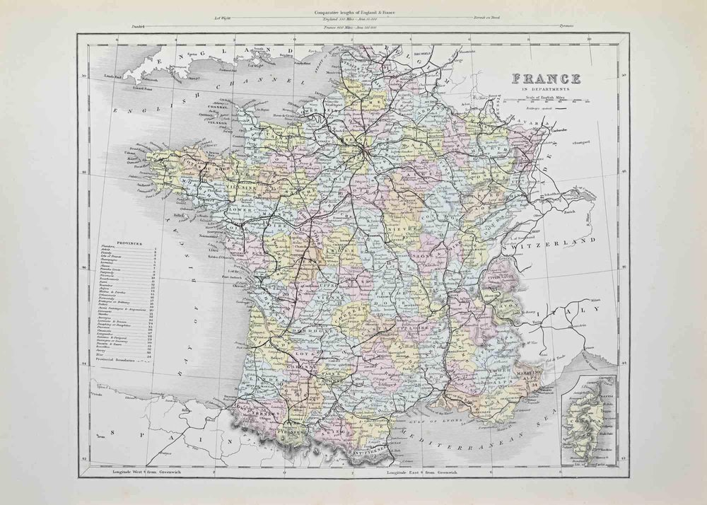 France in Departments Lithograph Map, 1872 for sale at Pamono