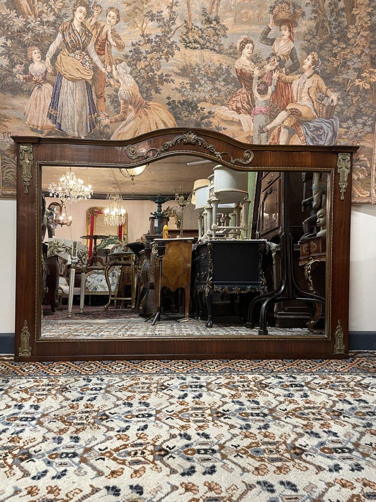 Large Overmantle Mirror in Mahogany and Brass for sale at Pamono