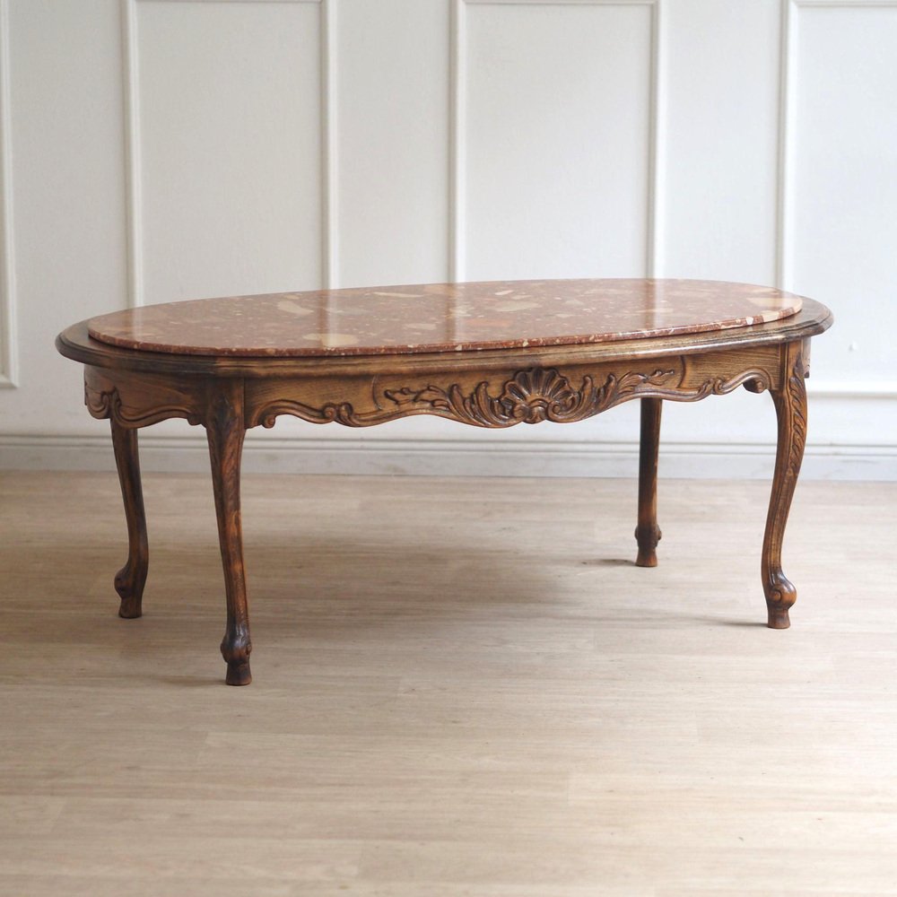 French Coffee Table with Red Marble Top and Curved Wooden Frame for ...