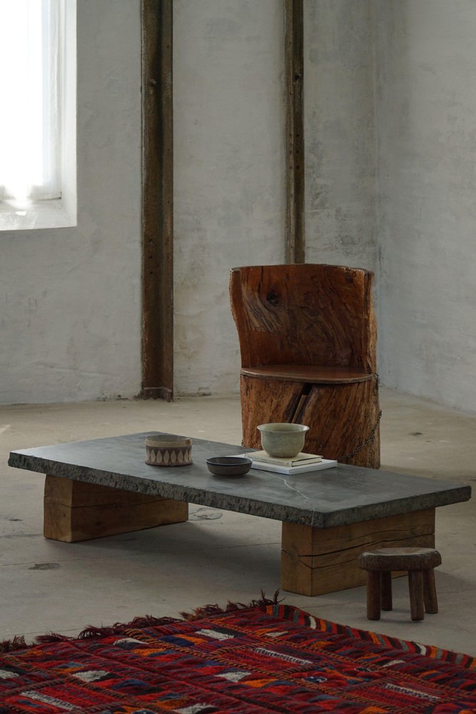 French Modern Brutalist Stone Slab Coffee Table with Wooden Legs, 1960s ...