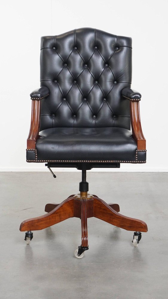 Dark Blue Cowhide Chesterfield Swivel Desk Chair for sale at Pamono