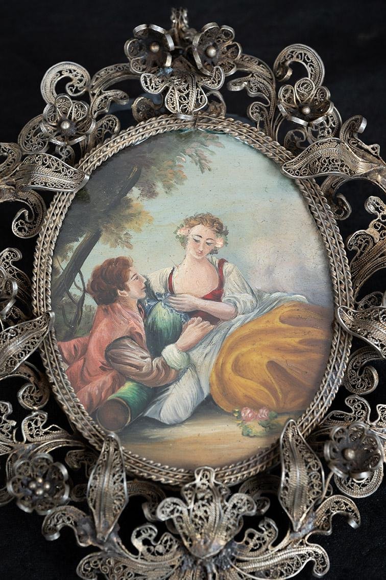 Hand-Painted Plaque Depicting Gallant Scene with Silver Filigree Frame ...