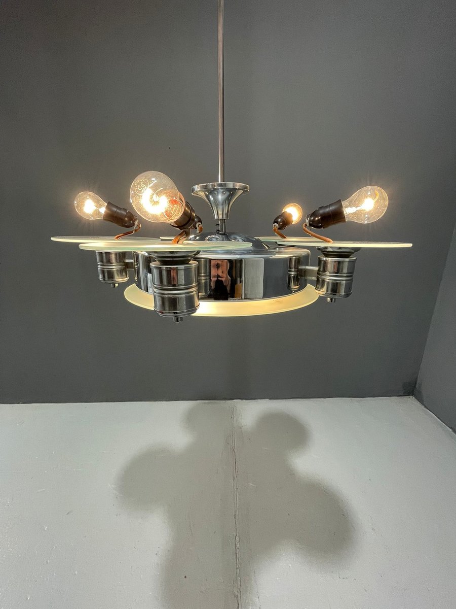 Vintage Art Deco Chrome Chandelier with Frosted Glass Disc Shades ...