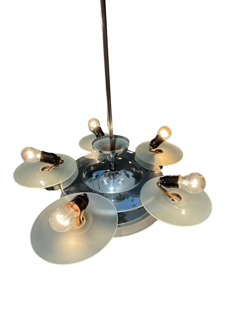 Vintage Art Deco Chrome Chandelier with Frosted Glass Disc Shades ...