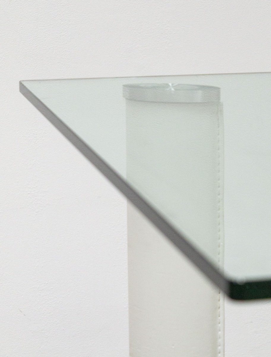 Tempered Glass Table with Leather Covered Legs for sale at Pamono