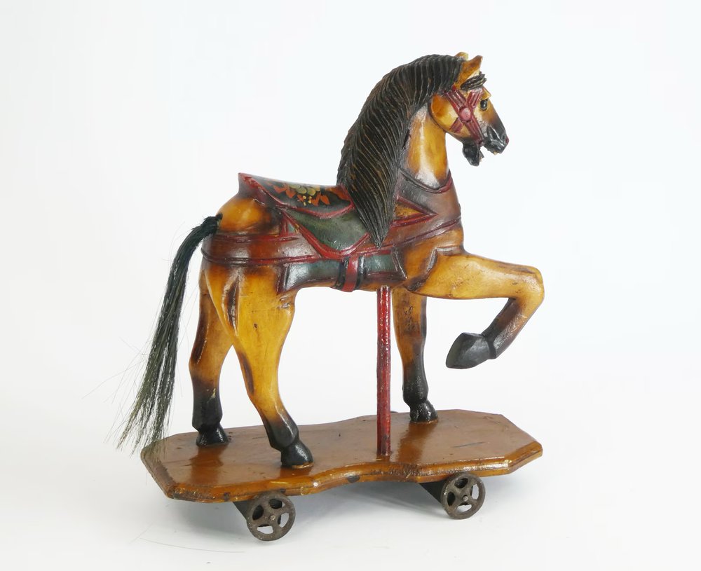Small Antique Wooden Toy Rocking Horse with Glass Eyes for sale at Pamono