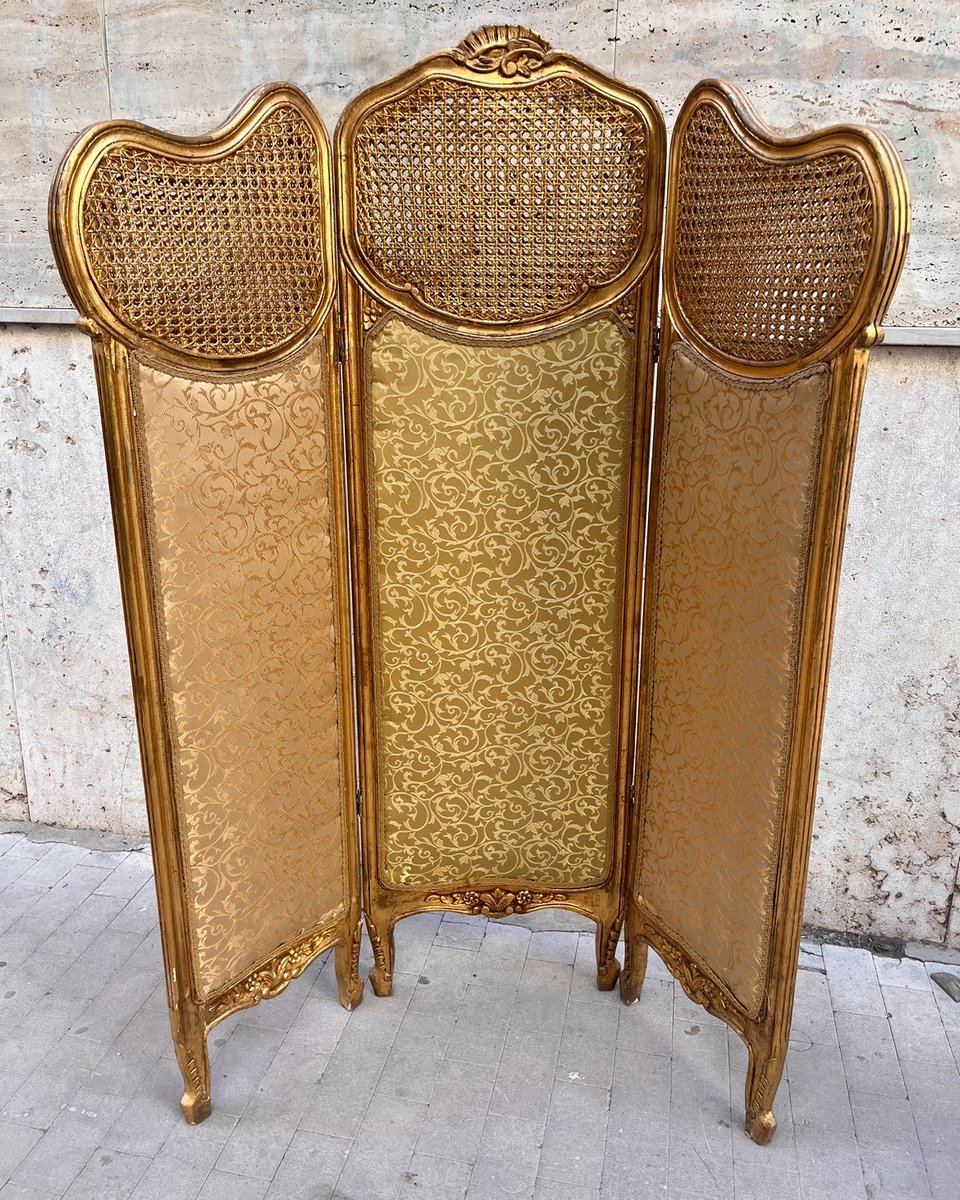 French Three-Panel Screen Woven Straw, Gold Decoration and Baroque ...