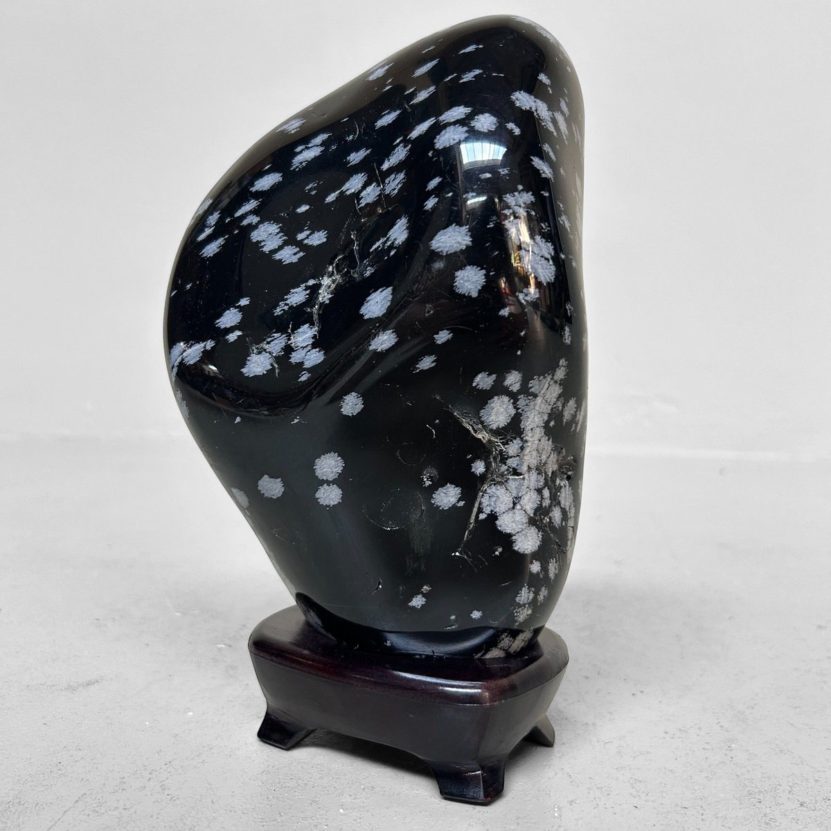 Japanese Obsidian Snowflake Suiseki with Wooden Display Stand, 1980s ...