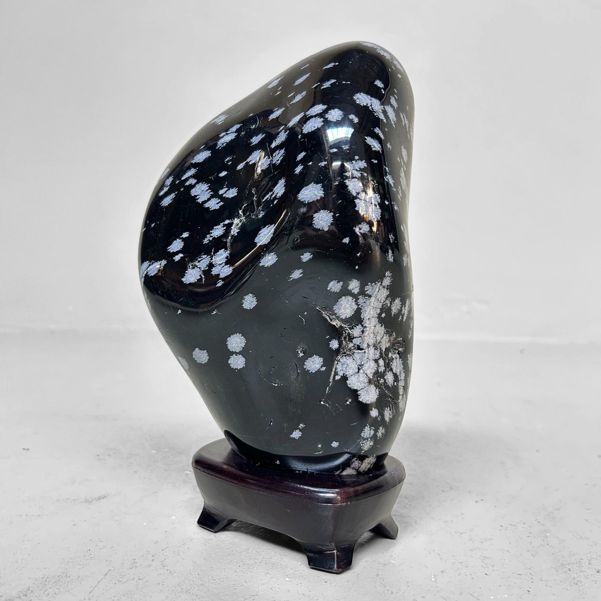 Japanese Obsidian Snowflake Suiseki with Wooden Display Stand, 1980s ...