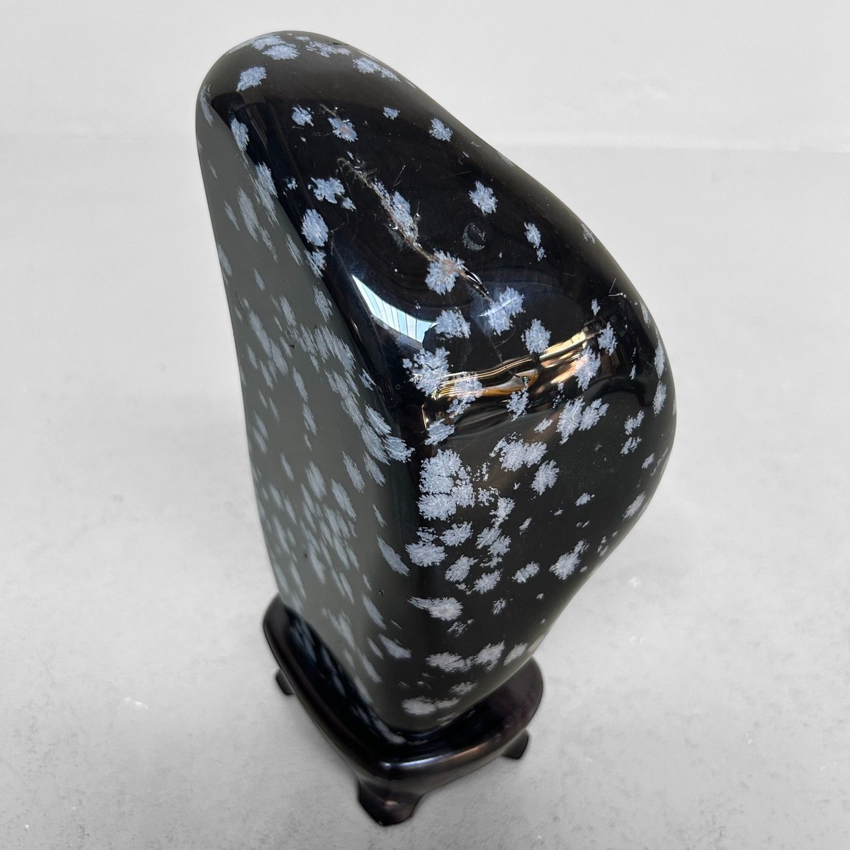 Japanese Obsidian Snowflake Suiseki with Wooden Display Stand, 1980s ...