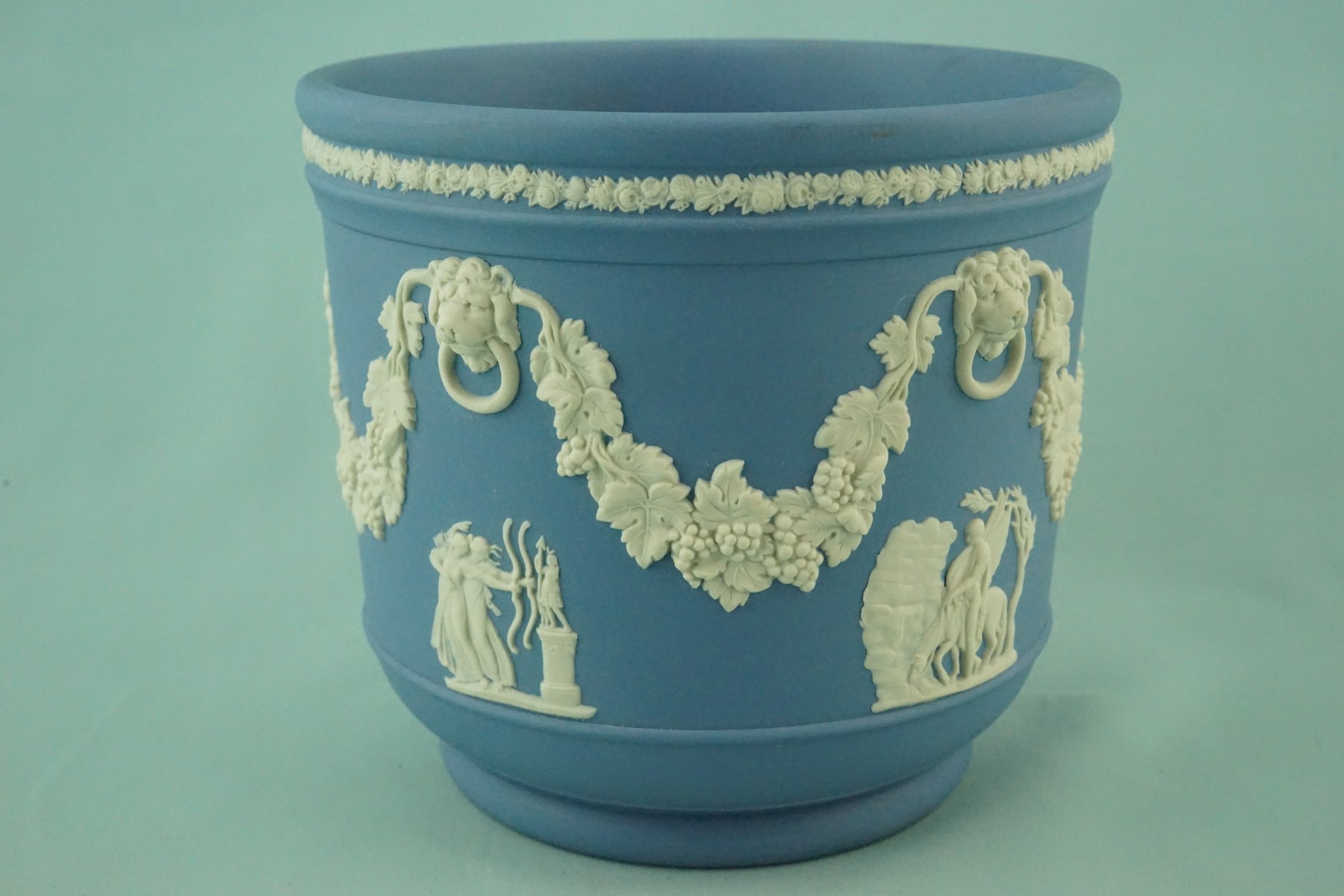 Neoclassical Cachepot Vase in Blue Jasperware with Classical Scenes ...
