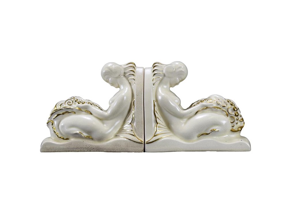 Art Deco White Ceramic Mermaid Bookends by Lejan Orchies, 1890s, Set of ...