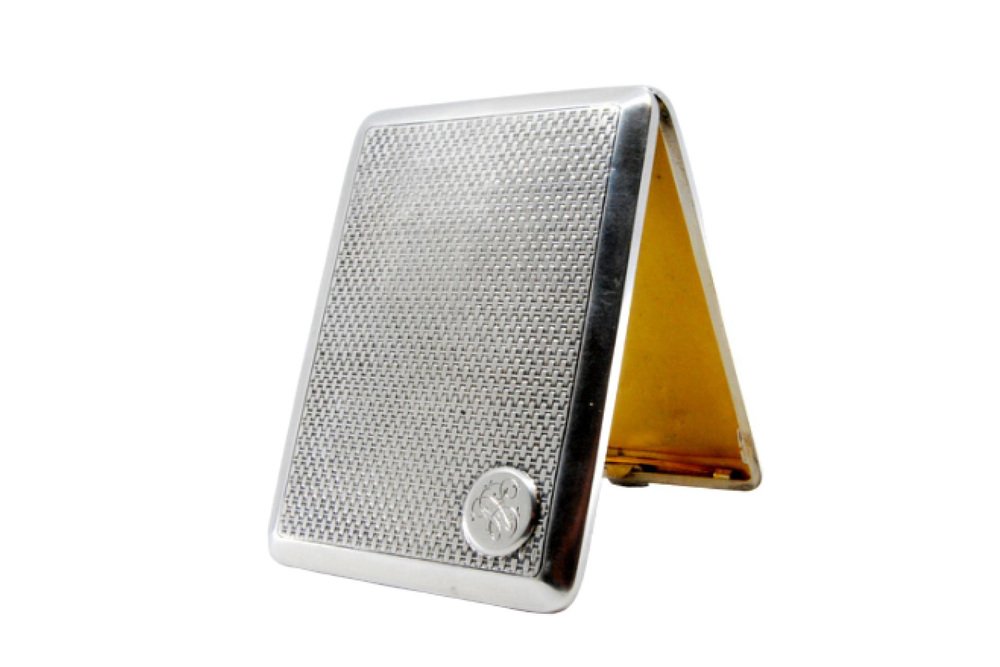 Guilloche Silver Cigarette Case with Monogram Card for sale at Pamono