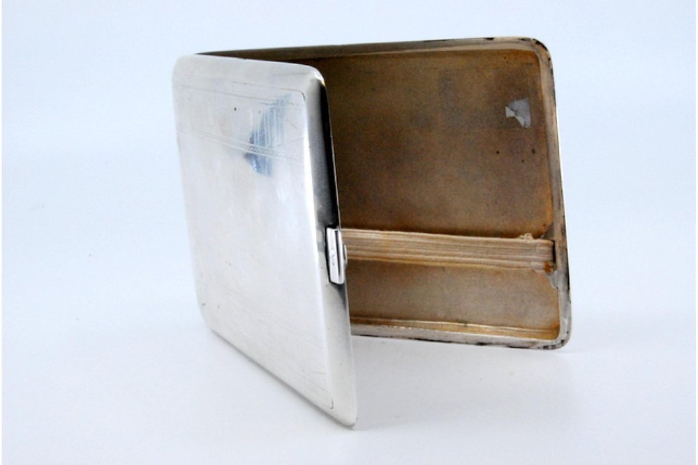 Plain Silver Cigarette Case with Cigarette Holder Inside and Hinged Lid ...