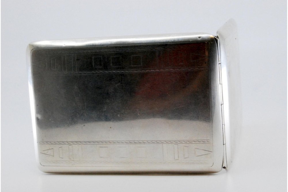 Plain Silver Cigarette Case with Cigarette Holder Inside and Hinged Lid ...