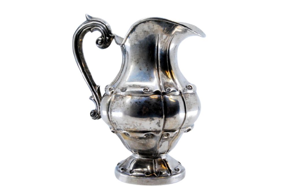 Gummed Silver Milk Jug with Raised Scrolls and Circular Base for sale ...