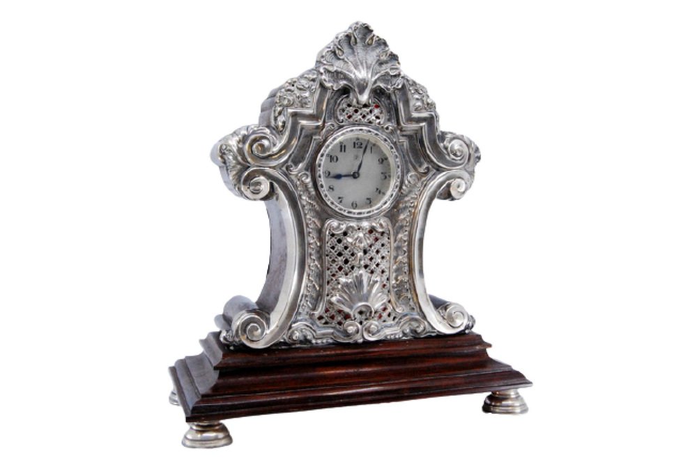 Wooden Table Regulator Clock with Silver Applications for sale at Pamono