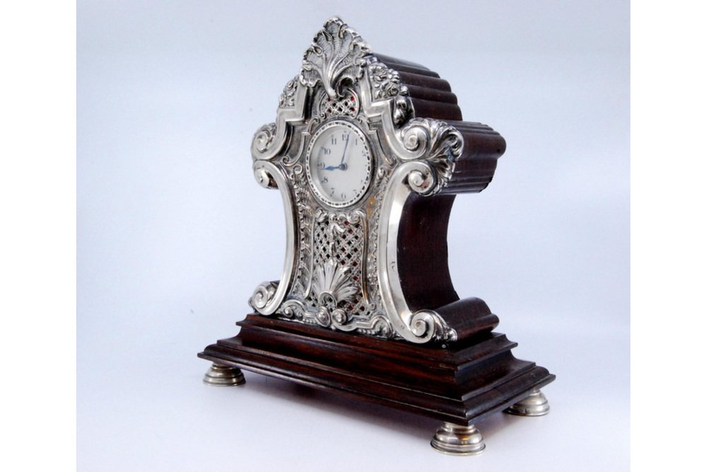 Wooden Table Regulator Clock with Silver Applications for sale at Pamono