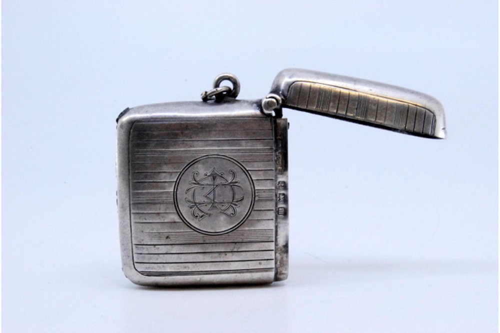 Guilloche Silver Matchbox with Bands, Monogram Card and Hinged Lid for ...