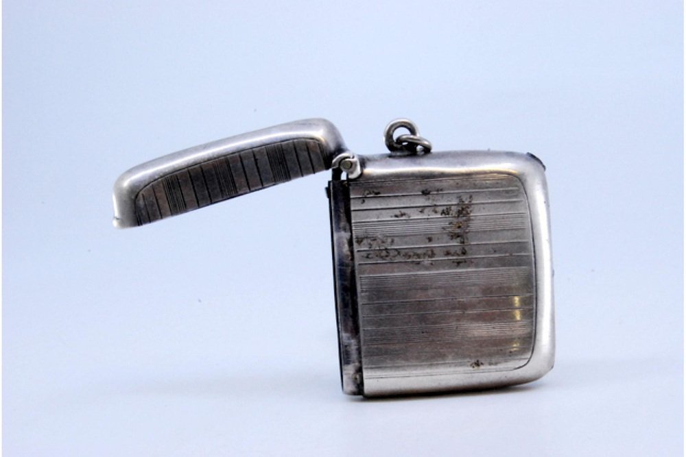 Guilloche Silver Matchbox with Bands, Monogram Card and Hinged Lid for ...