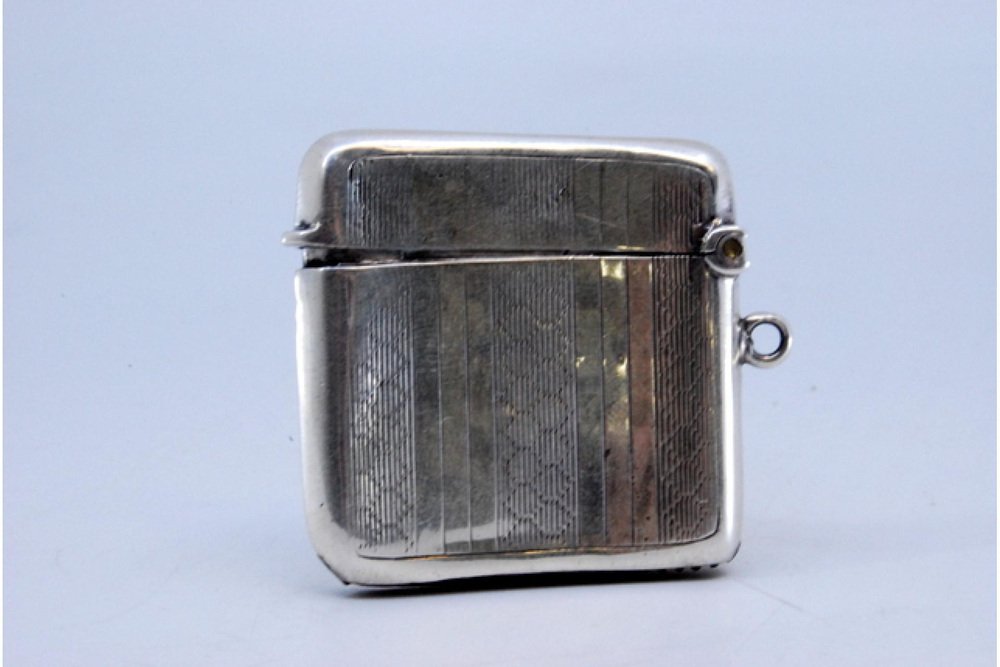 Silver Matchbox with Fluted Engravings and Monogram Card for sale at Pamono